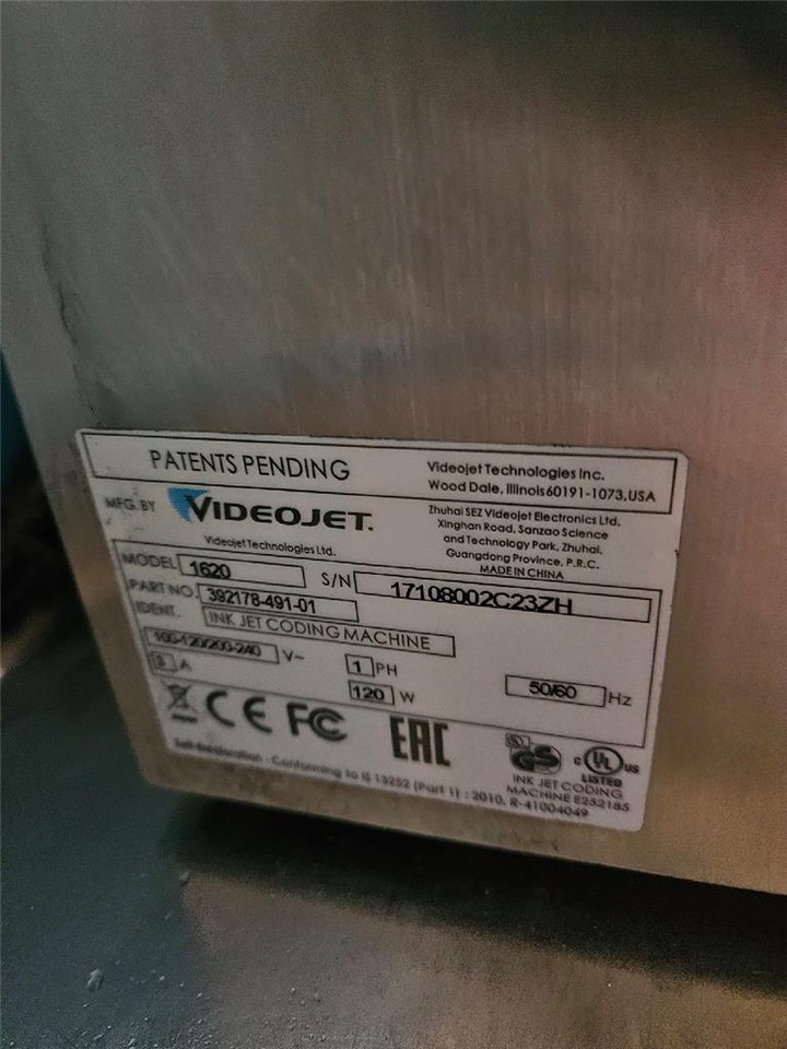 VIDEOJET 1620 392178-491-01 50/60 Hz INDUSTRIAL INKJET PRINTER CODING ...