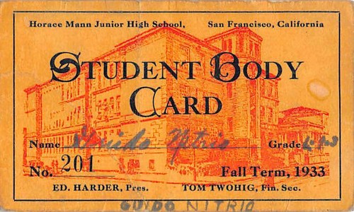 SAN FRANCISCO, CA, 2 STUDENT BODY CARDS FOR HORACE MAN JR HIGH SCHOOL ...