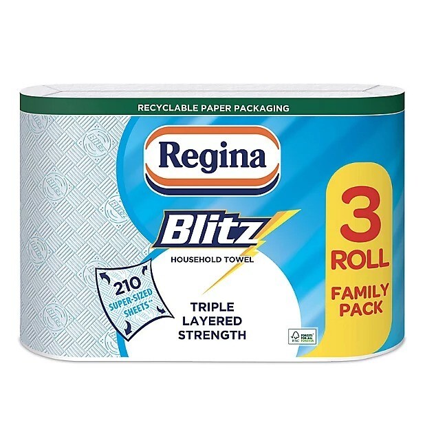 12 Rolls of Regina Blitz 3ply Kitchen Roll Paper Towels - 70 Sheets per ...