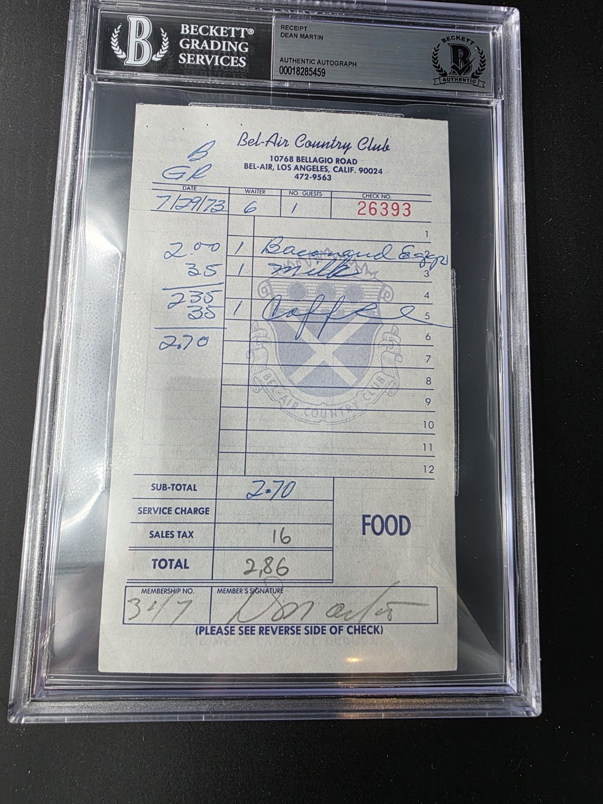 DEAN MARTIN SIGNED BEL AIR COUNTRY CLUB RECEIPT CARD ENCAPSULATED ...
