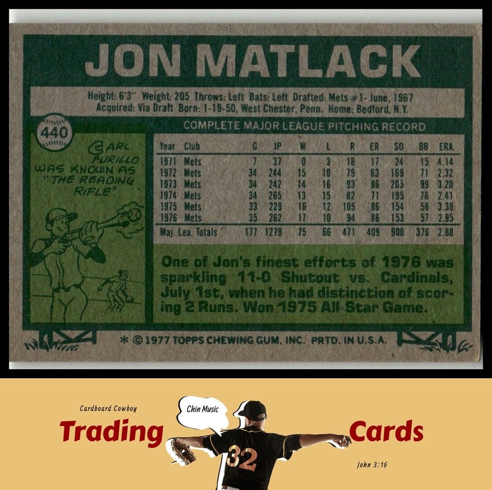 1977 Topps #440 Jon Matlack New York Mets Baseball Card VG | eBay