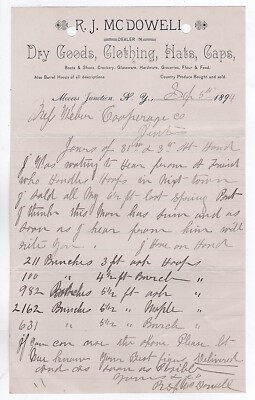 1894 RJ MCDOWELL LETTERHEAD GOODS CLOTHING HATS CAPS HARDWARE MOOERS ...