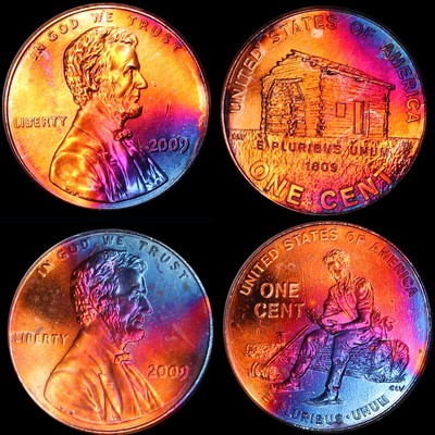 2009 Lincoln Log Cabin & Formative Years BU Rainbow Toned Penny Cent D ...