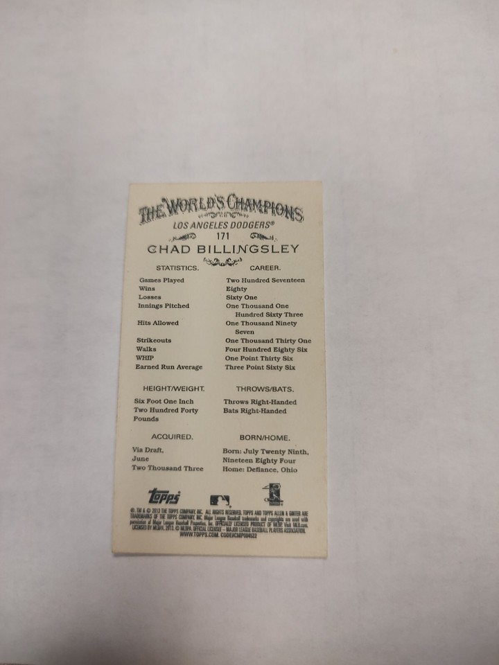 2013 Topps Allen and Ginter Mini Dodgers #171 Chad Billingsley (PWE) | eBay