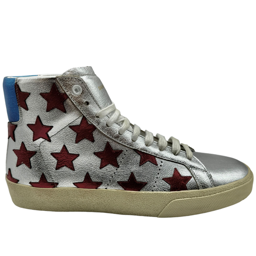 YSL Saint Laurent Men’s High-Top Sneakers Silver Blue Red Star Size 39 ...