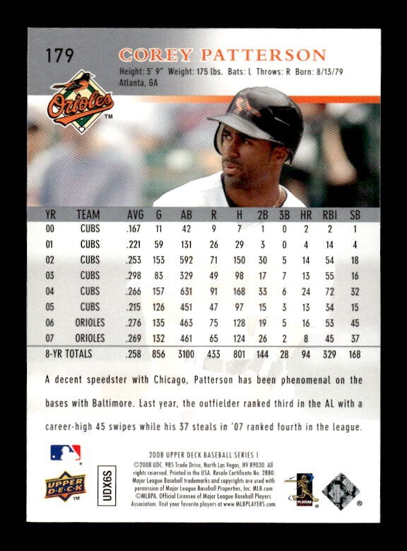 COREY PATTERSON SIGNED 2008 UPPER DECK #179 BALTIMORE ORIOLES ON-CARD ...