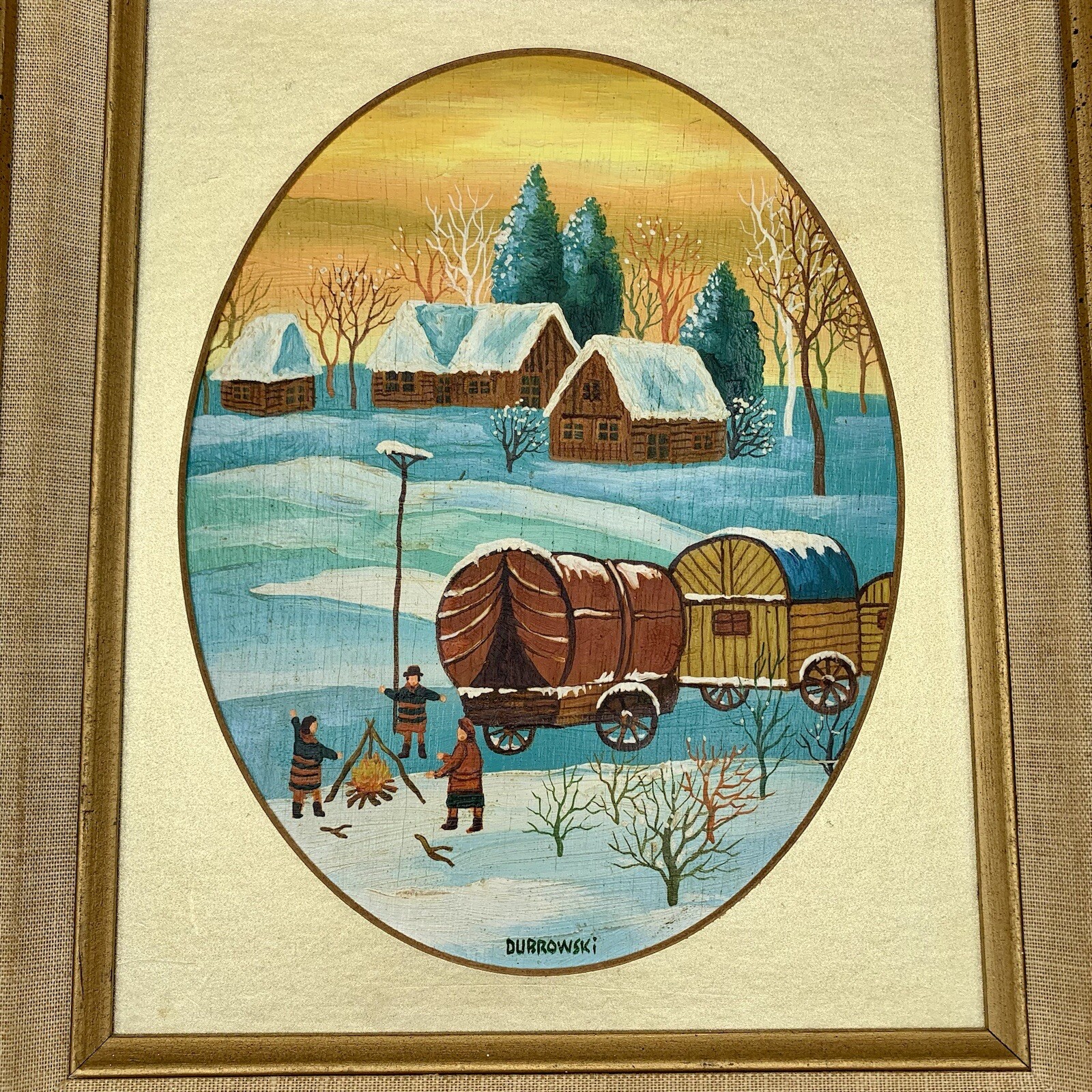 Vintage Framed Winter Oil Painting 16x18 Snow Scene Primitive Folk Art ...