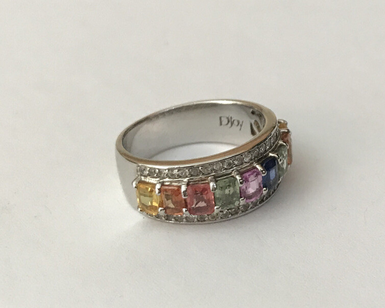 VINTAGE DJOY STERLING SILVER 925 BEAD MULTICOLOUR SAPPHIRE BAND RING ...