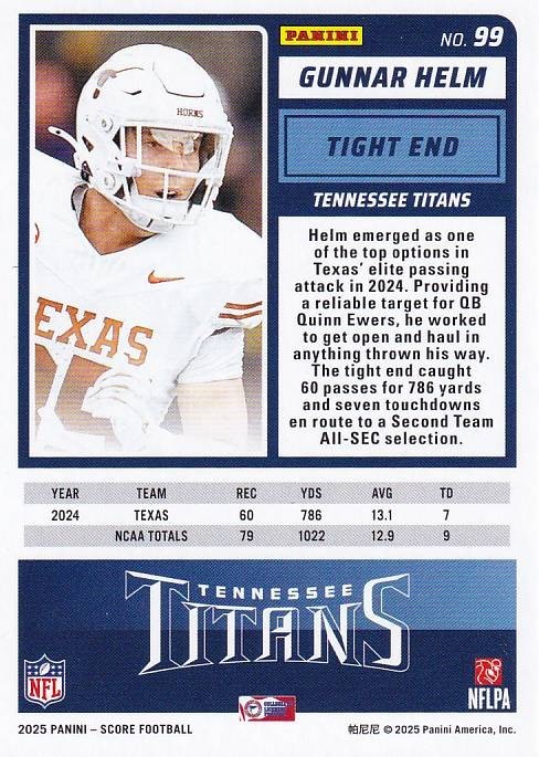 2025 Score - Rookies Gunnar Helm #99 (RC) - Titans | eBay