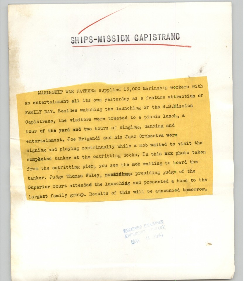 Beautiful VINTAGE 1944 Press Photo SHIP SS Mission Capistrano Launch ...