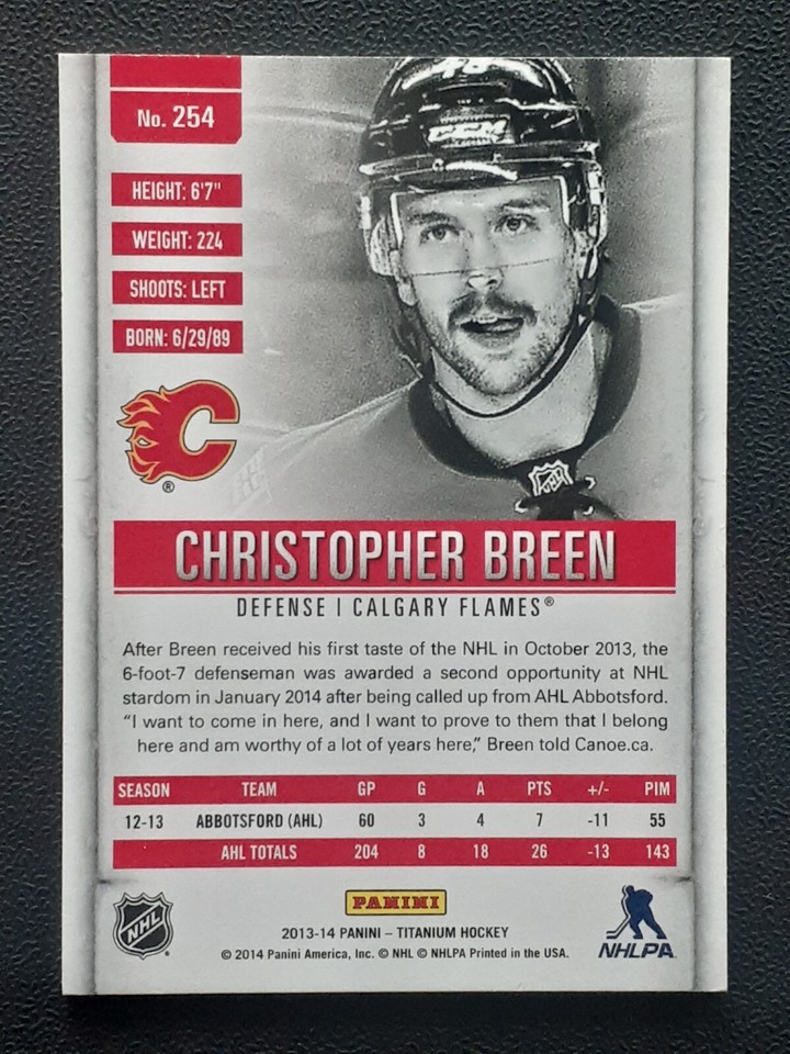 CHRISTOPHER BREEN RC 2013-14 PANINI TITANIUM DRAFT POSITION 13-14 #062/ ...