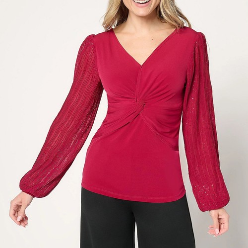Susan Graver Occasions 3X Raspberry Liquid Knit Twist-Front Top w/Pleat ...