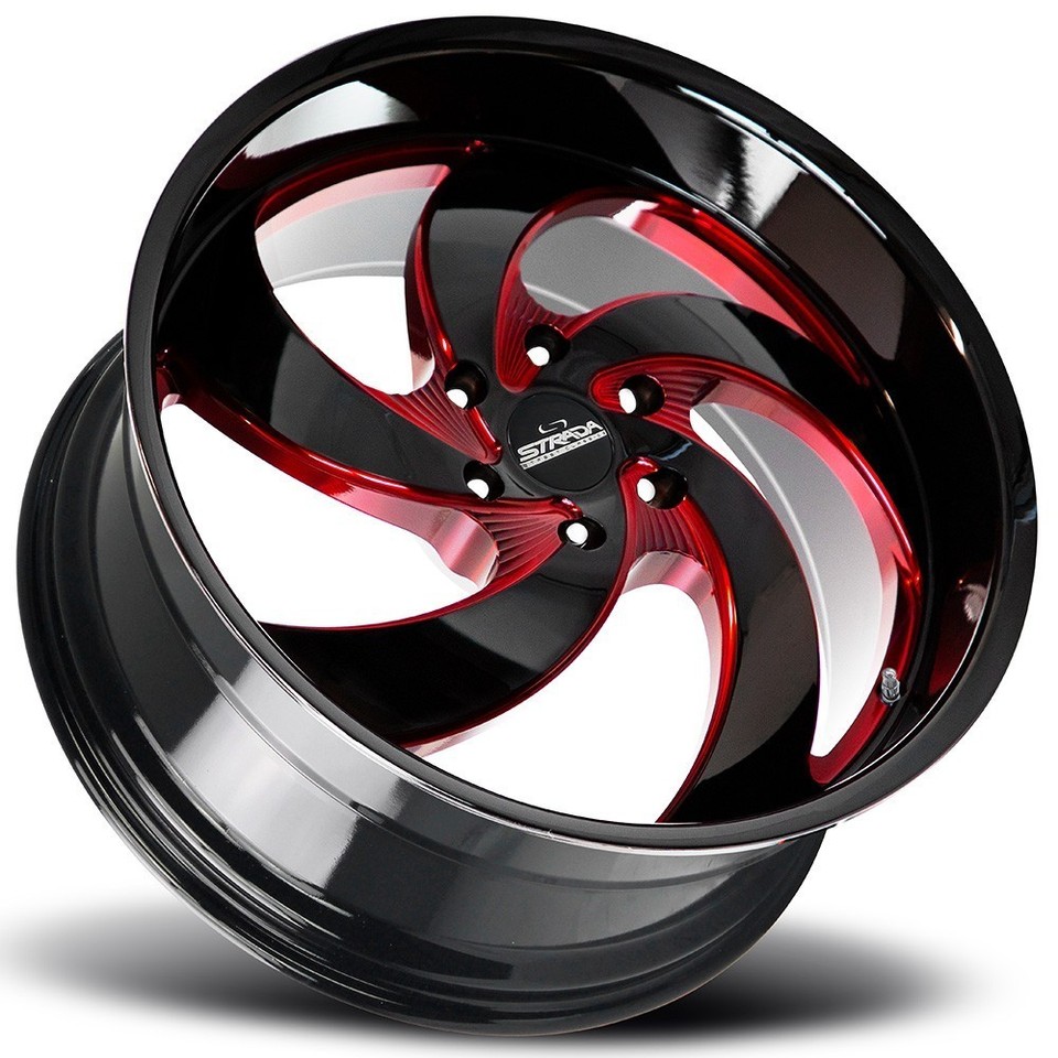 22x9"Strada Wheels Retro 5 Gloss Black with Candy Red Milled Rims (S02 ...
