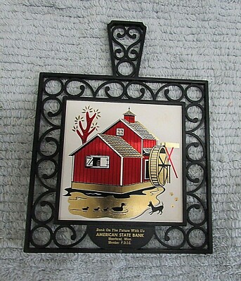 Vintage Old Mill Scene Ducks Dog Plastic Trivet American State Bank ...