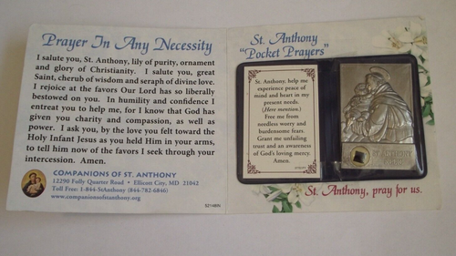 * Vtg St Saint Anthony relic plaque pocket prayer folder shrine medal ...