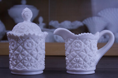 Fostoria Winburn Quilted Pattern White Milk Glass Sugar & Creamer Set ...