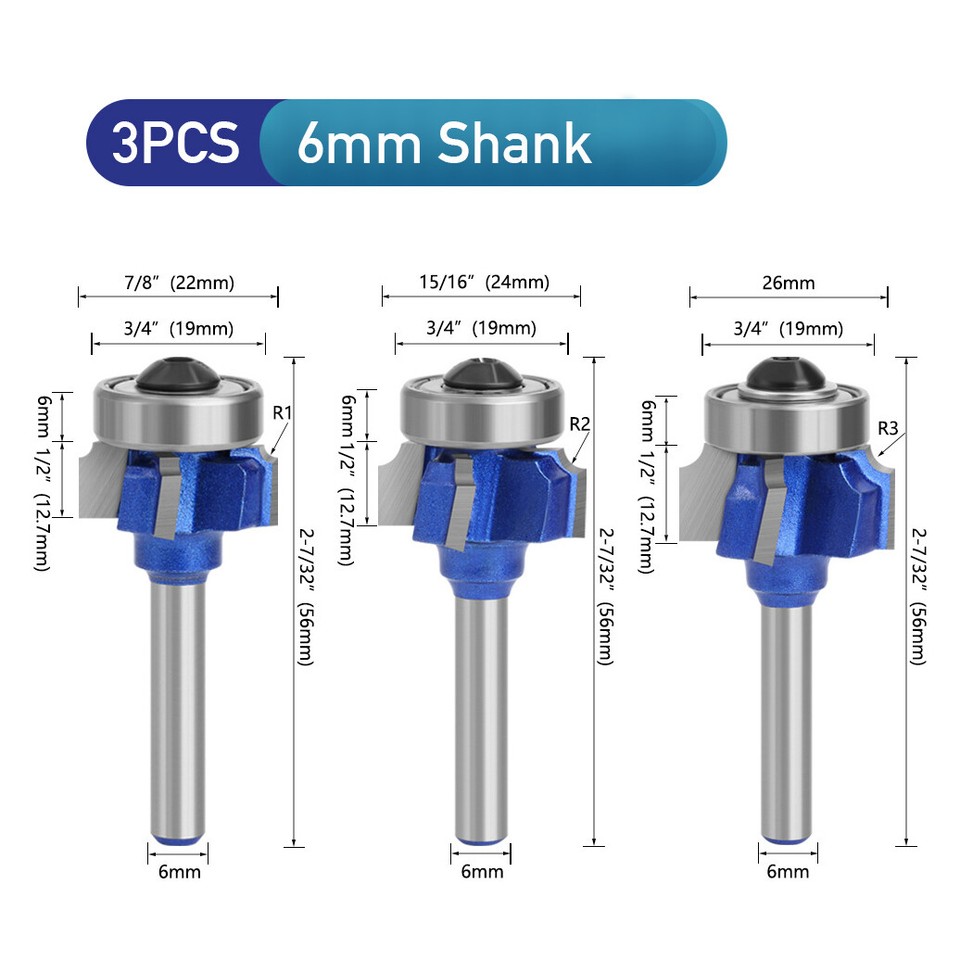 1PC/3PCS Round Over Edge Profile Router Bit 1/2/3mm Radius, 6/8mm 1/4 ...