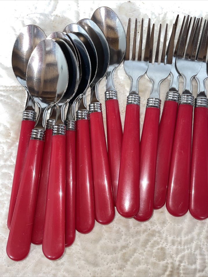 24PC Vintage Stainless Steel Flatware RETRO 50'S Red Rounded Plastic ...