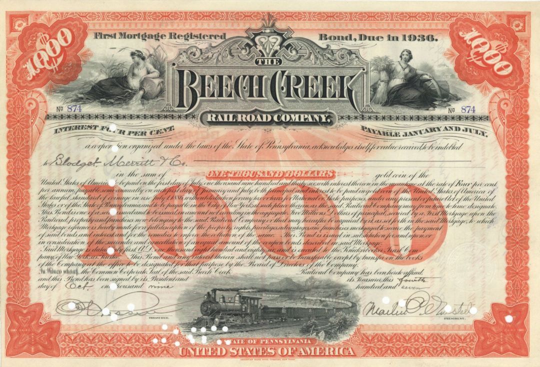 Beech Creek Railroad Co. - 1900's-1910's dated $1,000 Railway Bond ...