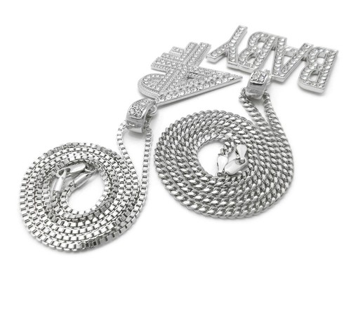 Iced Silver PT Lil BABY 4PF Pendant & 20" 24" Box Cuban Chain Hip Hop ...