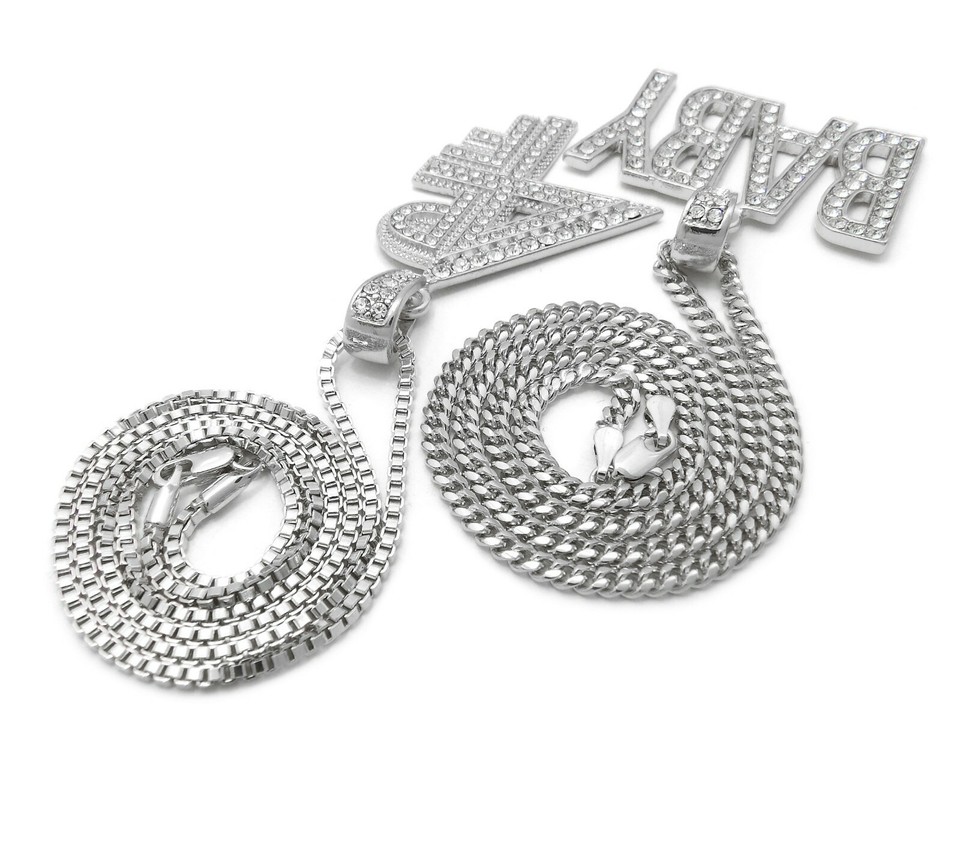 Iced Silver PT Lil BABY 4PF Pendant & 20" 24" Box Cuban Chain Hip Hop ...