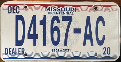 MISSOURI DEALER LICENSE PLATE TAG BICENTENNIAL 1821-2021 - DECEMBER ...