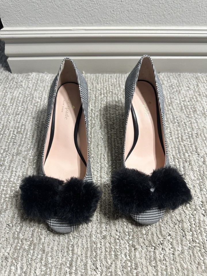 Kate Spade New York Pumps Houndstooth Faux Fur Pom Block Heel Classic 6.5 | eBay