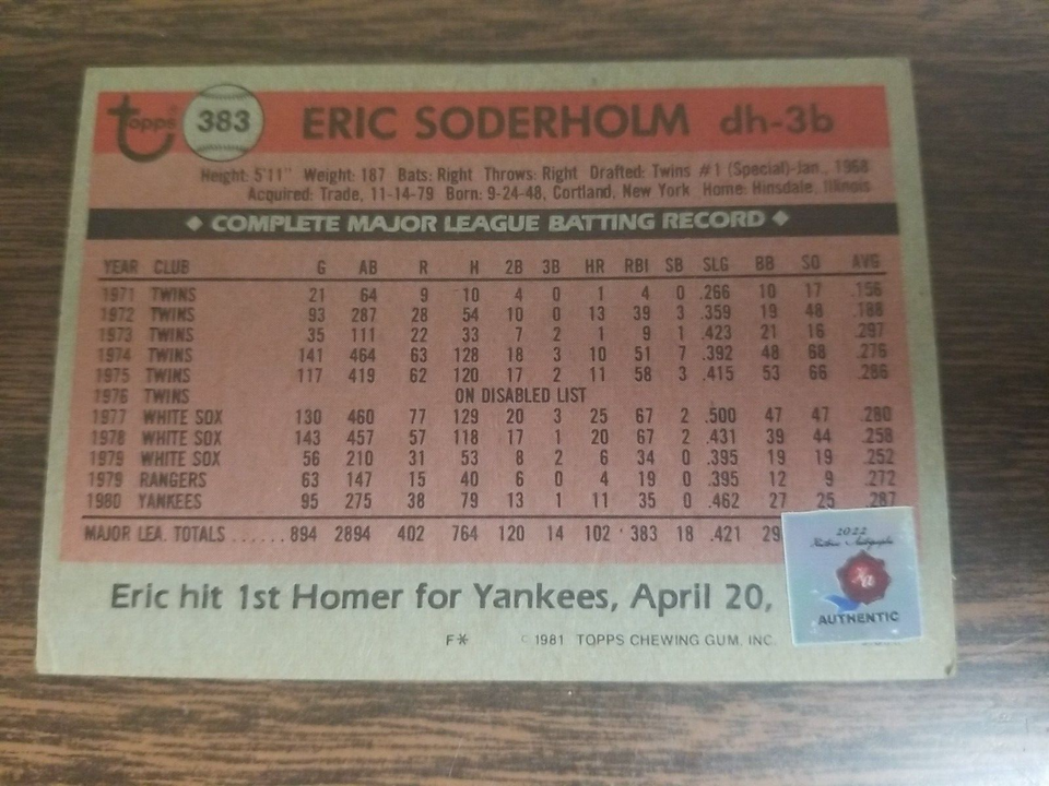 ERIC SODERHOLM 1981 TOPPS CARD #383 NEW YORK YANKEES HISTORIC STICKER ...
