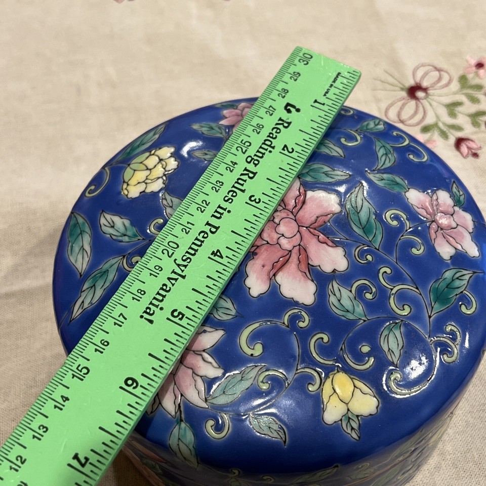 Vintage Chinese Orientalism Blue FLORAL Covered Trinket Box / Powder ...