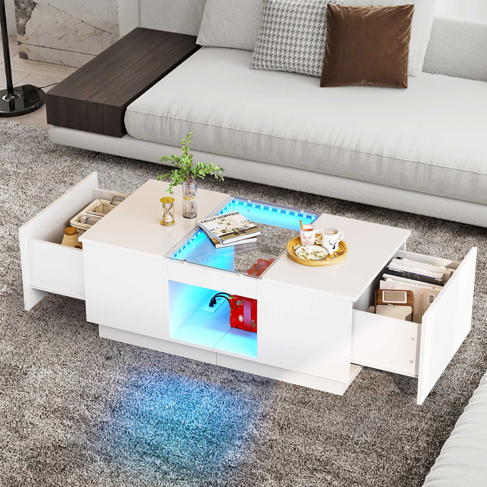 LED Coffee Table Modern Center Table with Charging Station Large ...