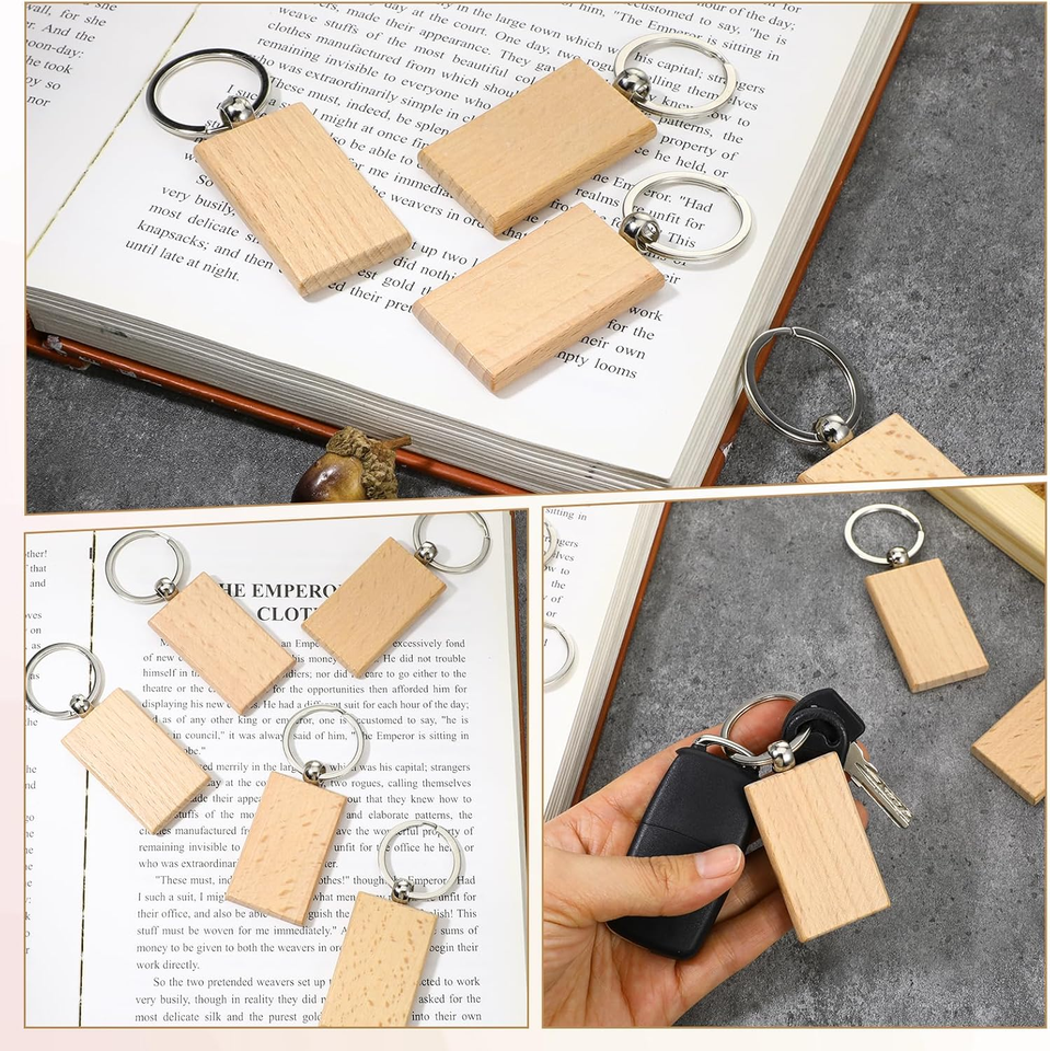 50 Pieces Wood Keychain Blank Rectangle Wooden Laser Engraving Blanks ...