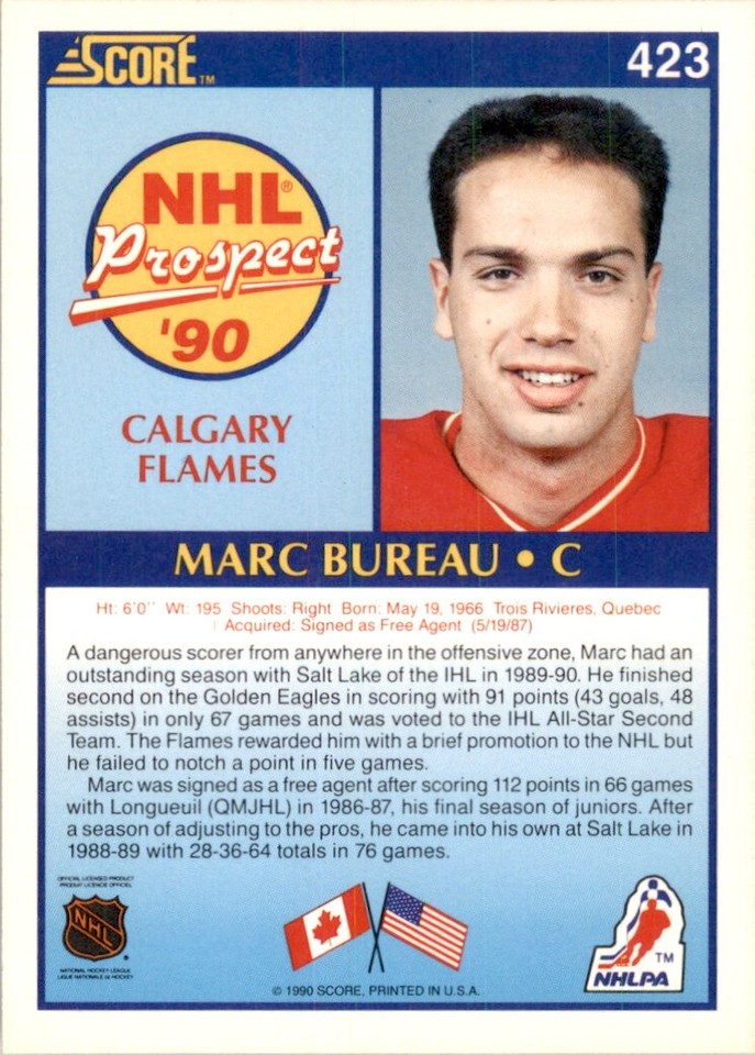 1990-91 Score Marc Bureau Calgary Flames #423 | eBay