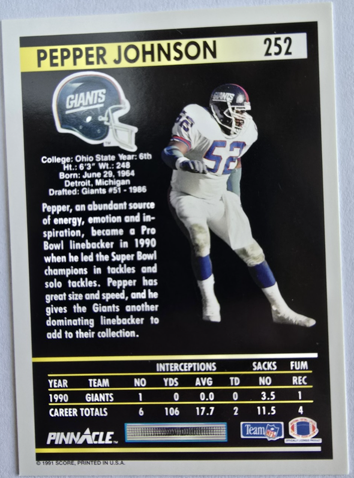 Pepper Johnson, 1991 Pinnacle, New York Giants, Linebacker, Card # 252 ...