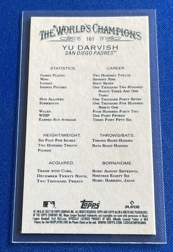 2022 Topps Allen & Ginter's - Mini #161 Yu Darvish San Diego Padres | eBay