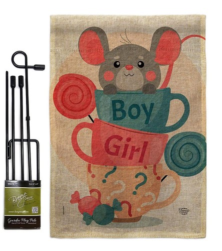 Mousy Boy Girl Burlap Garden Flag Set with Stand Celebration New Born ...