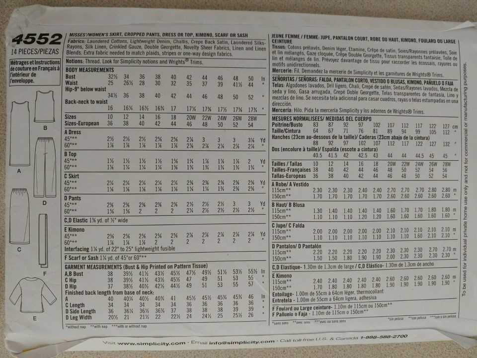 Simplicity 4552 Women's Skirt Cropped Pants Dress Top Kimono Scarf ...