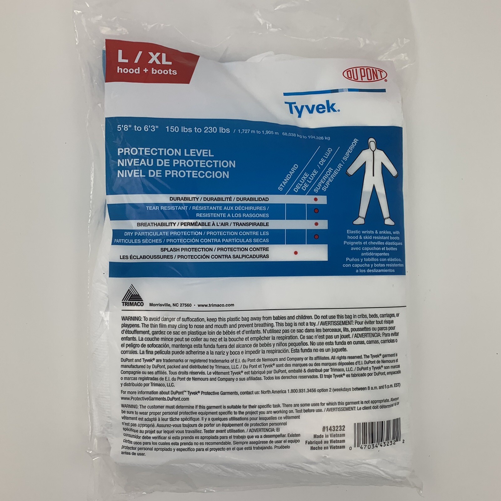 Dupont Tyvek Trimaco FULL COVERAGE BODY SUIT LARGE / XL w/ Hood and ...