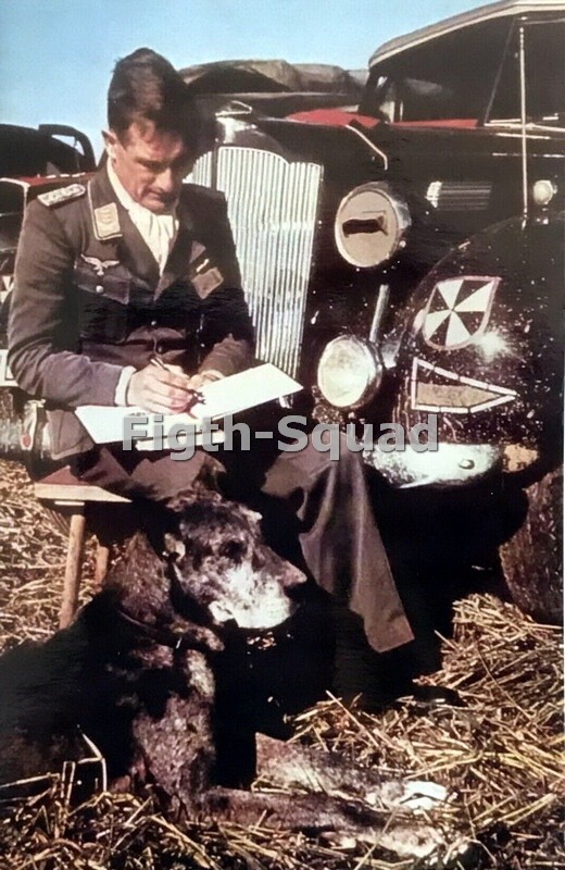 WW2 Picture Photo German Pilot Ace Hauptmann Gordon Gollob his pet dog ...