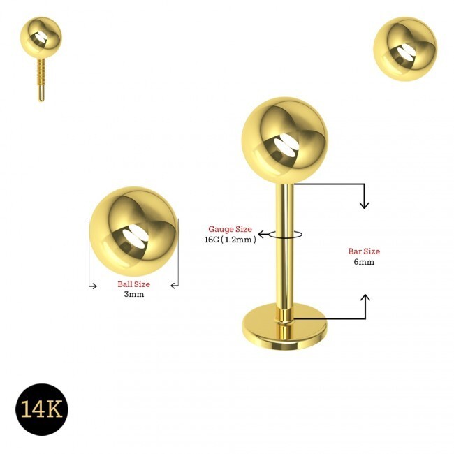 14K Solid Gold Internally Threaded 3mm Ball Top Tragus Piercing 6mm Ear ...