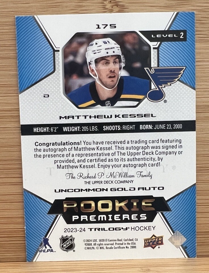 Matthew Kessel — 23-24 UD Trilogy Rookie Premieres Level 2 — Gold Auto ...