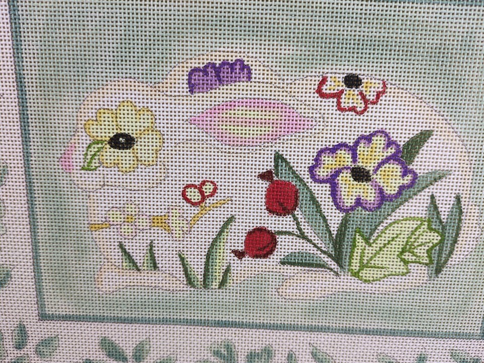 Needlepoint hand painted canvas - Rabbit with flowers * White Green ...