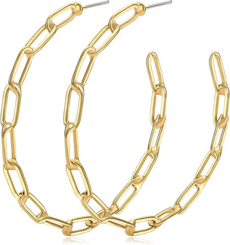 14K Gold Chain Hoop Earrings Chic Shiny Gold Paperclip Chain Link Big ...