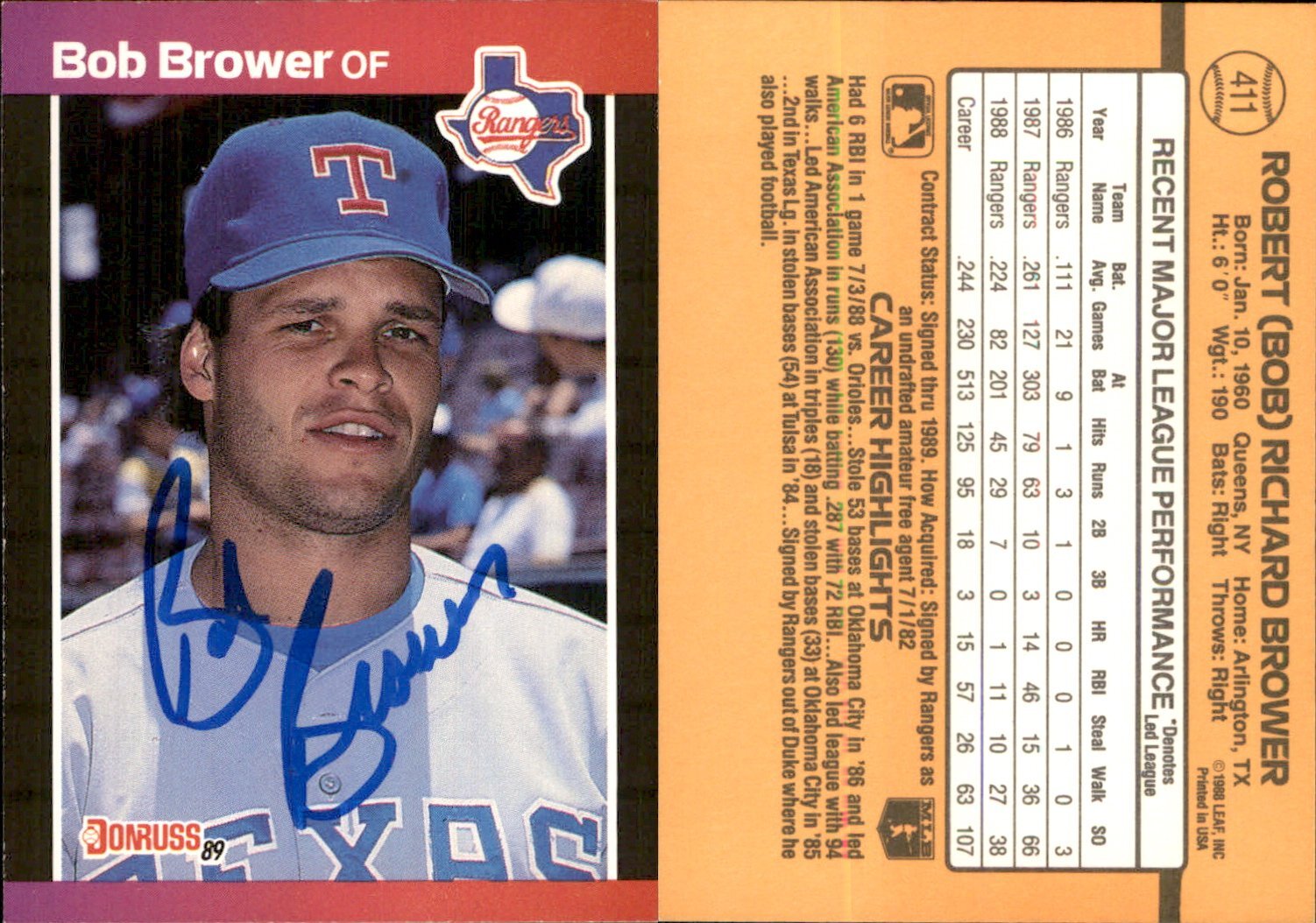 Bob Brower Signed 1989 Donruss #411a Card Texas Rangers Auto AU | eBay