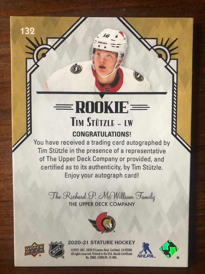 Tim Stutzle 2020-21 UD Stature Rookie RC On Card Auto /199 UD 20/21 ...