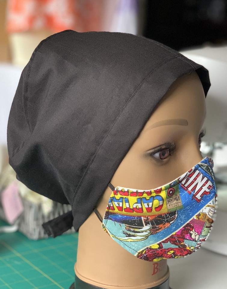 Handmade Black Scrub Cap With Marvel Face Mask Unisex USA Nurse Dr 100% ...