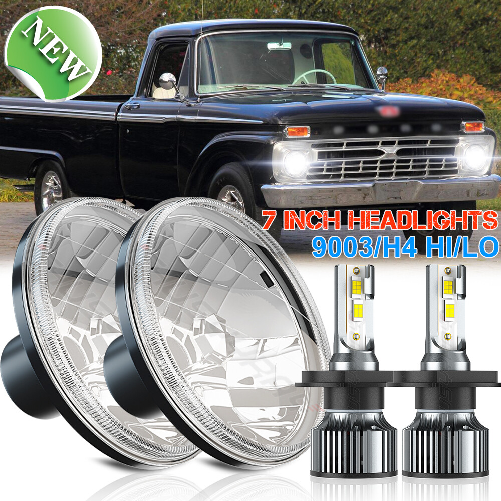 Pair Chrome 7" inch Round Hi/Lo Beam Headlights for Ford F100 F150 F250 ...