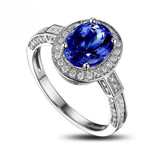 3Ct Tanzanite Lab-Created Diamond Halo Engagement Ring 14K White Gold ...