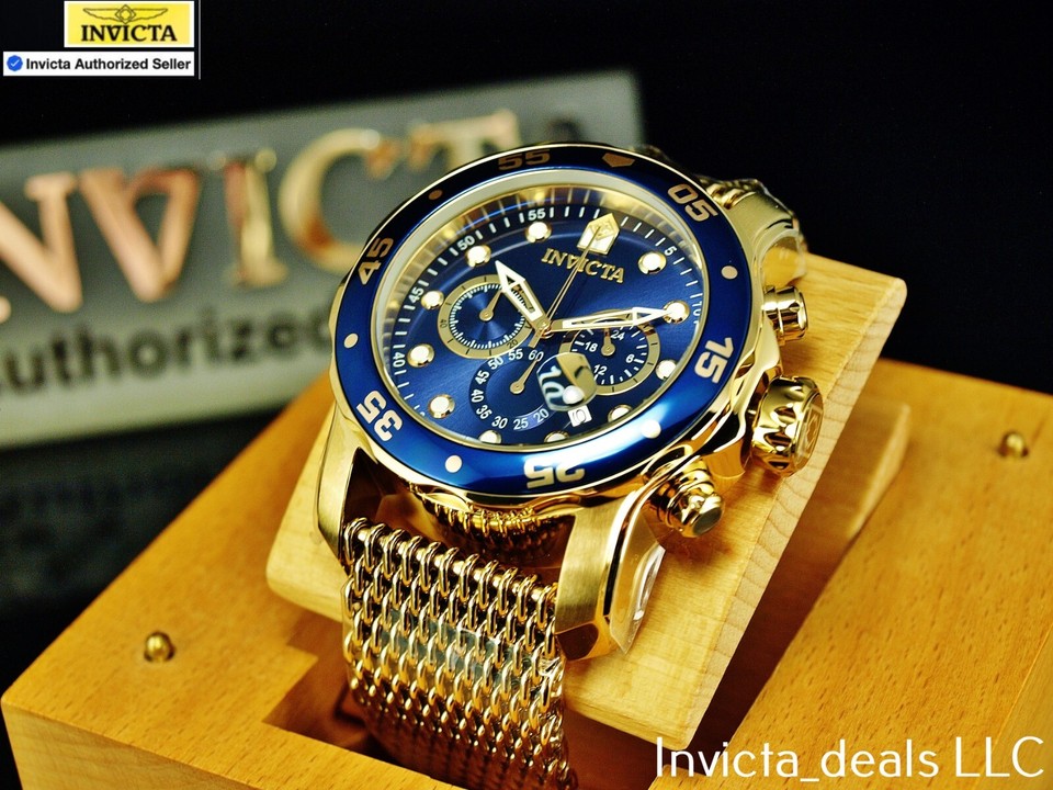 Invicta Men's 48mm Pro Diver SCUBA Chronograph BLUE DIAL Gold Tone MESH ...