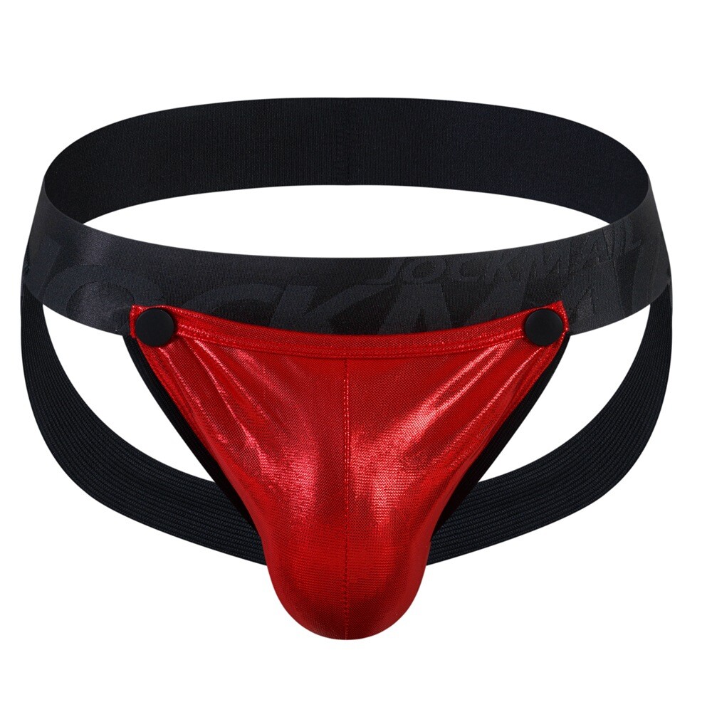 Men's PU Rubber Coated Snap Pouch Sexy Jockstrap Underwear Lingerie ...
