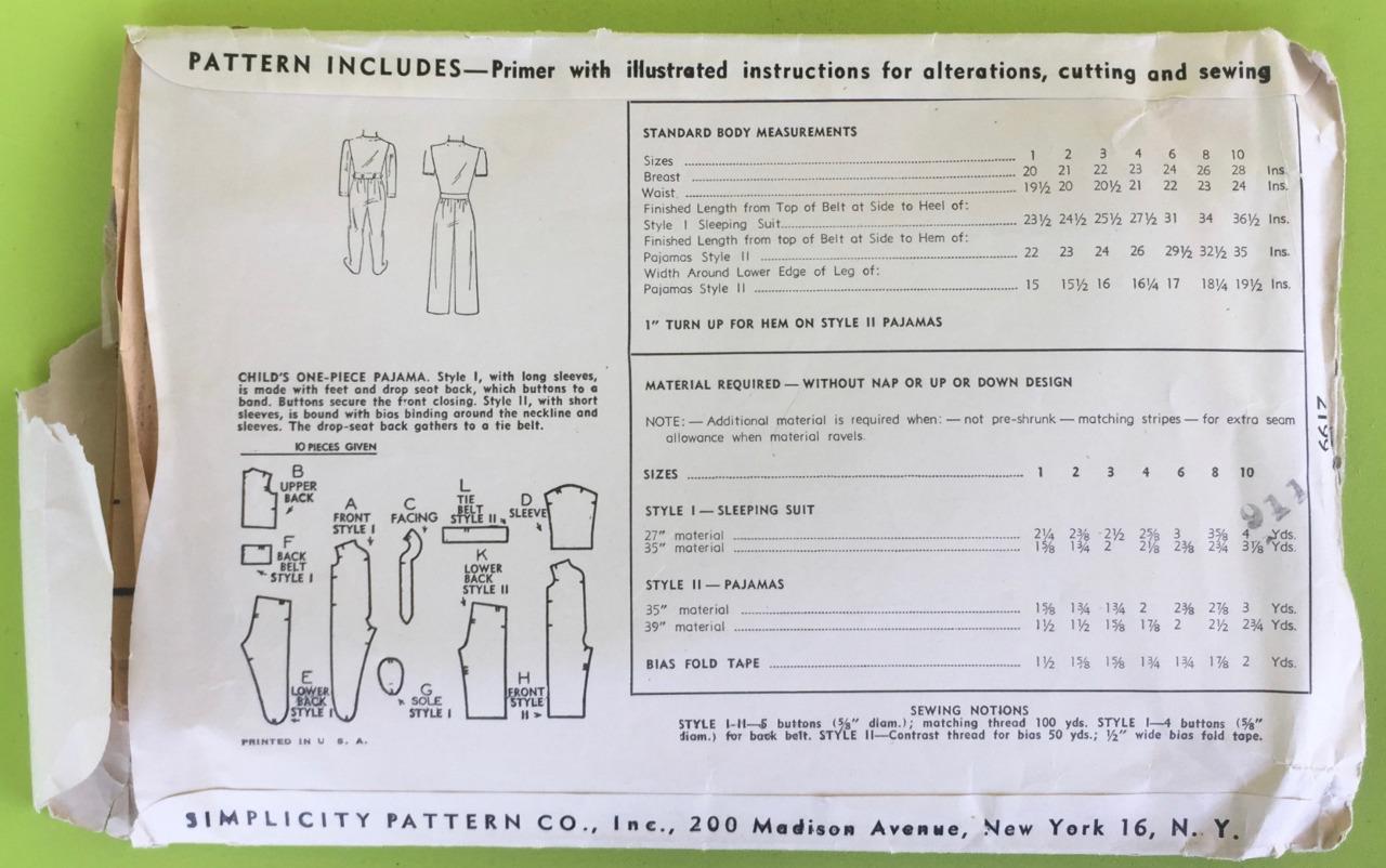 Vintage 1940s Simplicity 2199 Child's One-Piece Pajamas Sewing Pattern ...